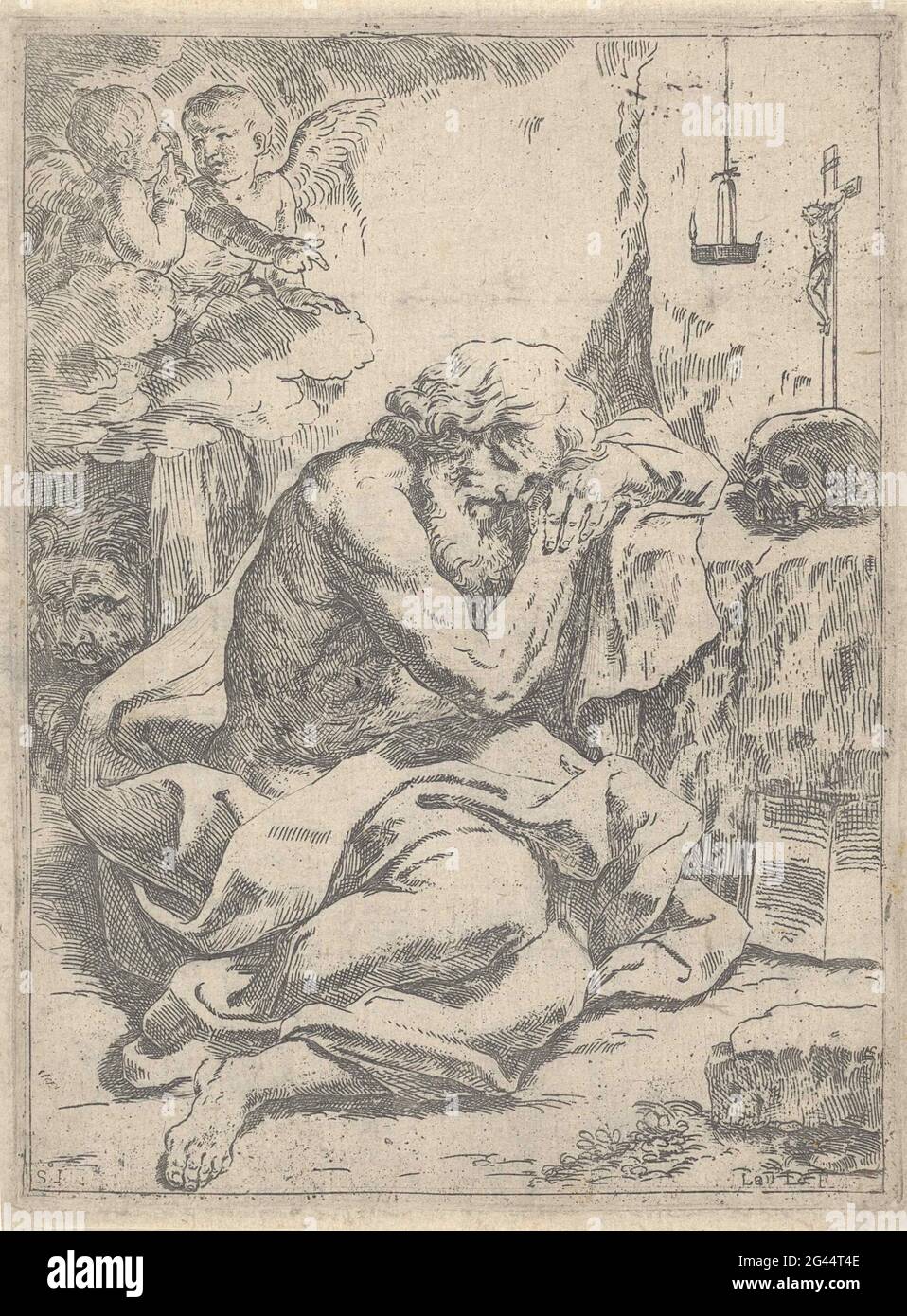 The Holy Hieronymus. Saint Hieronymus sleeping in a cave. He leans with ...