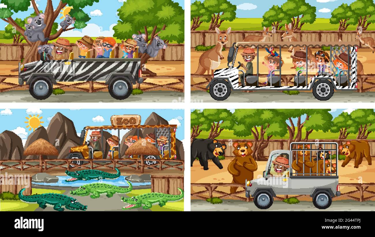 Four different zoo scenes with kids and animals illustration Stock ...