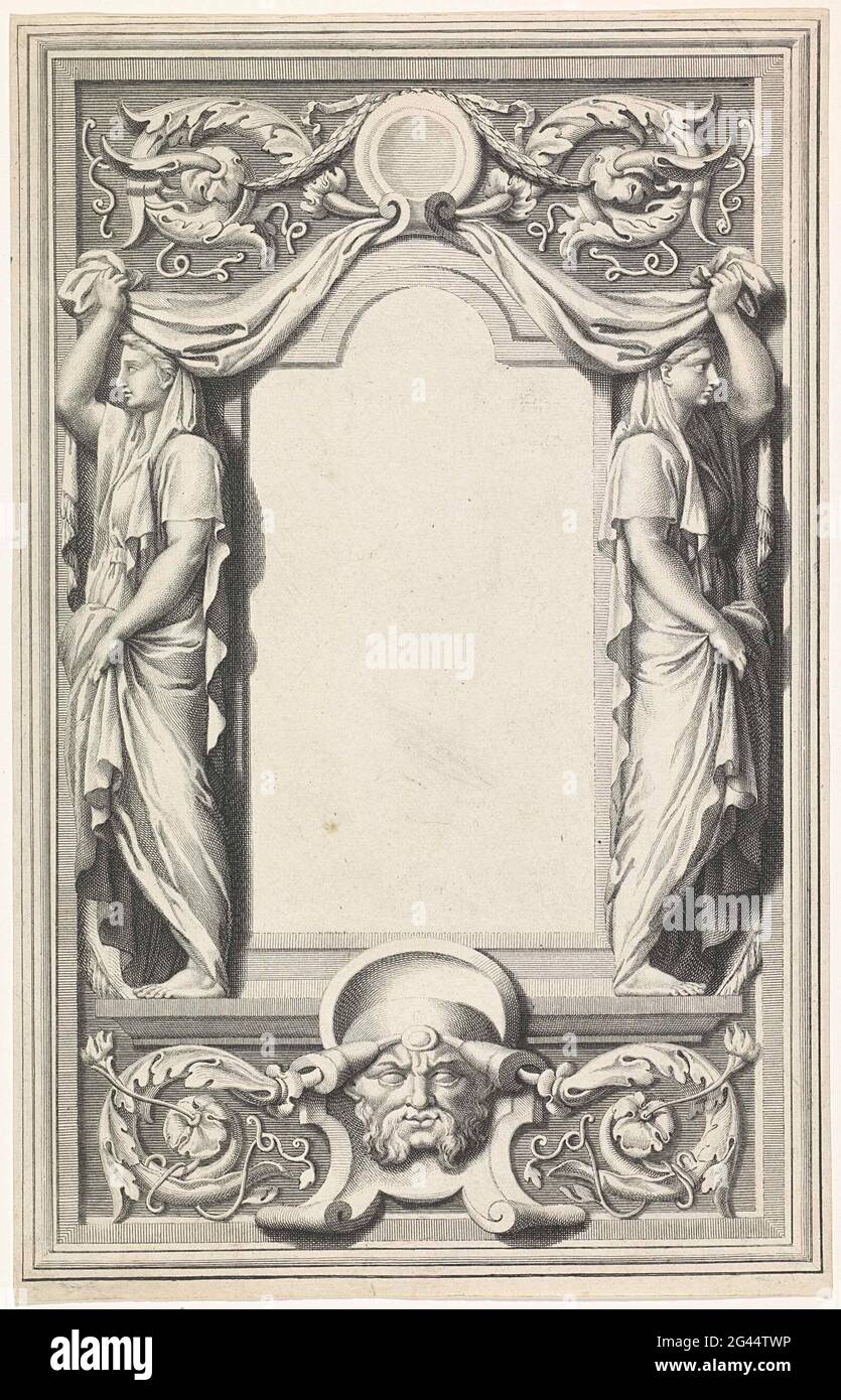 Frame with two standing women's figures. Ornamental picture frame with ...