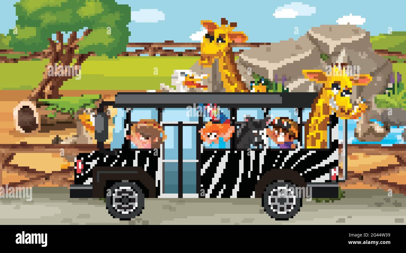 Zoo scene with children in the bus touring illustration Stock Vector ...