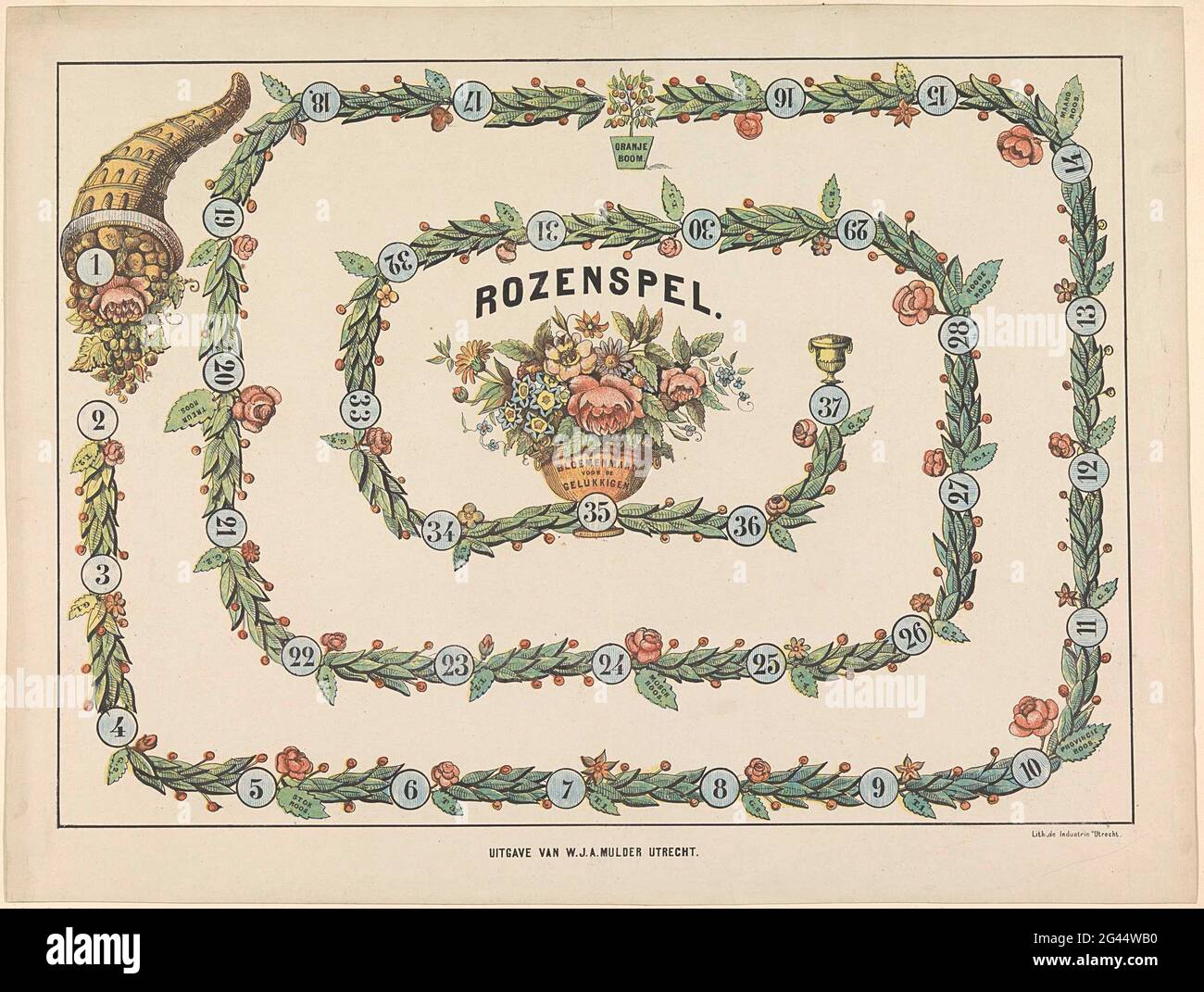 Rose play. Board game with 37 numbers in circles, connected to branches ...