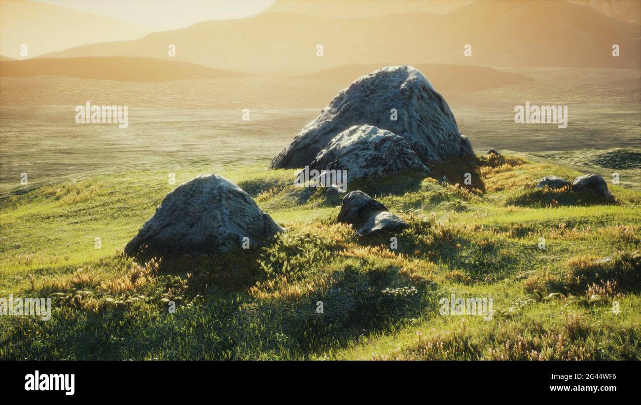 Meadow with huge stones among the grass on the hillside at sunset Stock ...