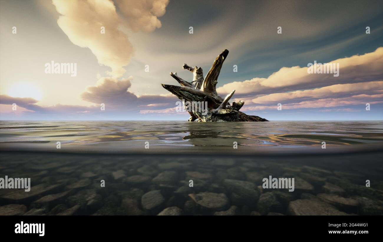 Ocean seascape with sky and ocean wave splitted by waterline to ...