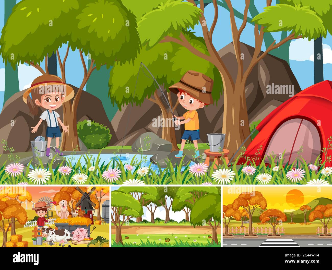 Four different scenes with children cartoon character illustration ...