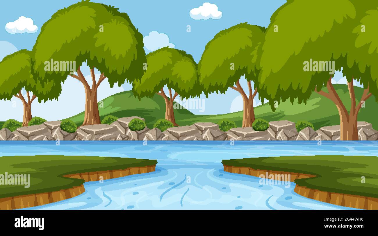 Background scene with river in the forest illustration Stock Vector ...