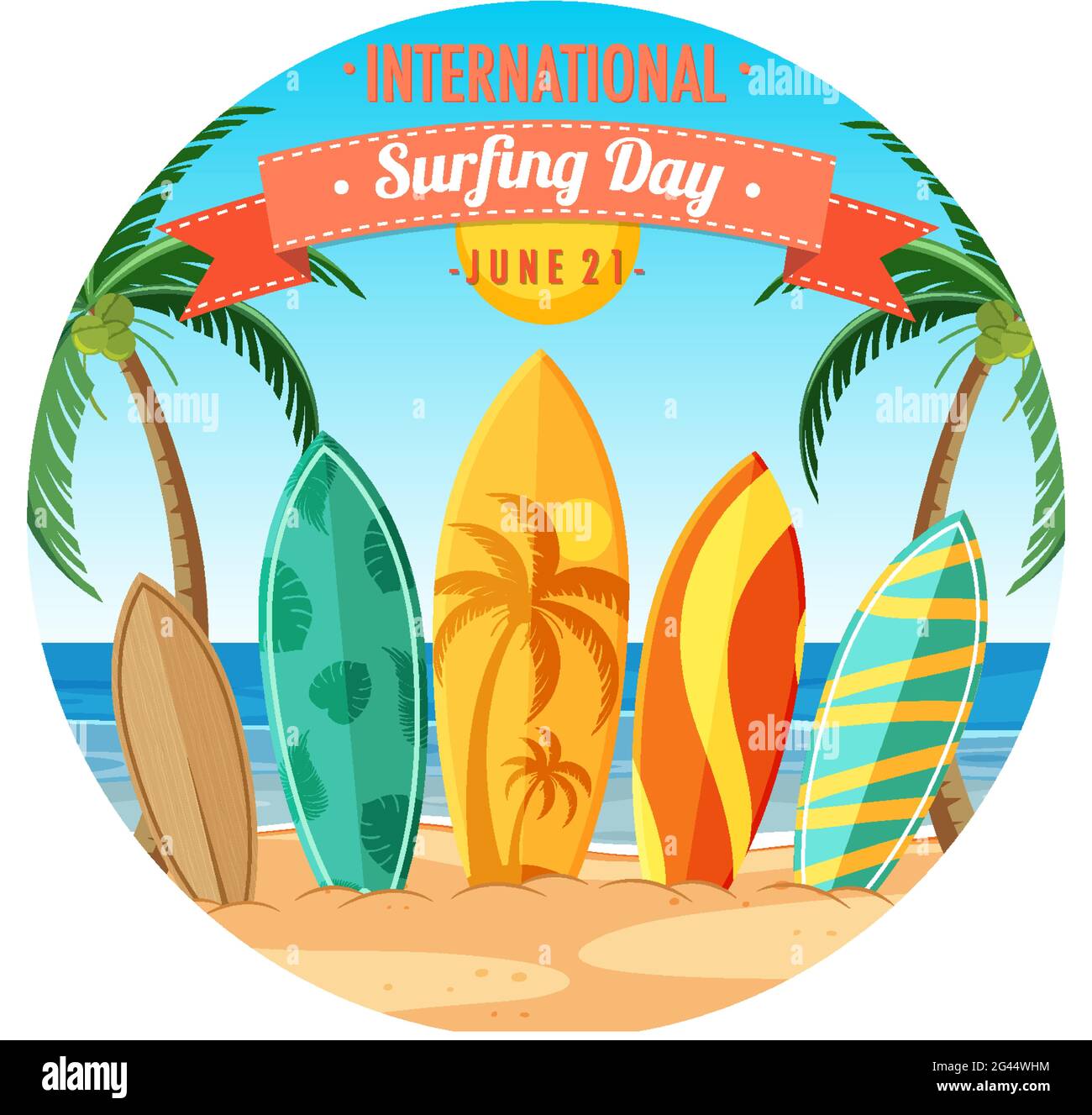International Surfing Day banner with many surfboards on the beach ...