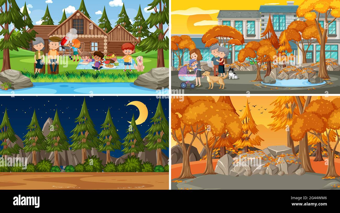 Set of different nature scenes cartoon style illustration Stock Vector ...