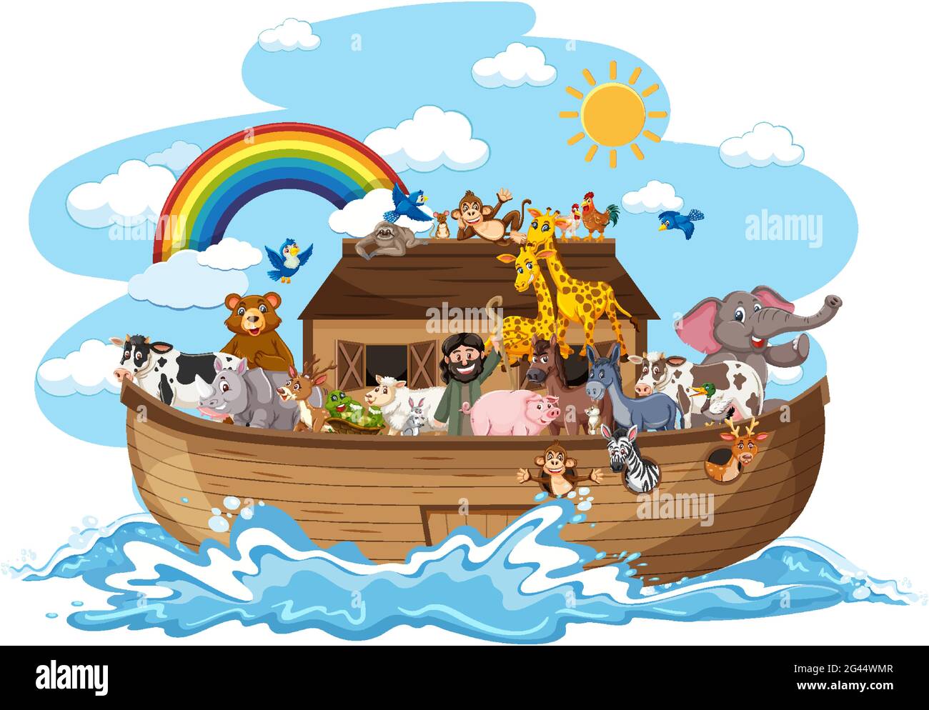 Noah's Ark with Animals on water wave isolated on white background ...