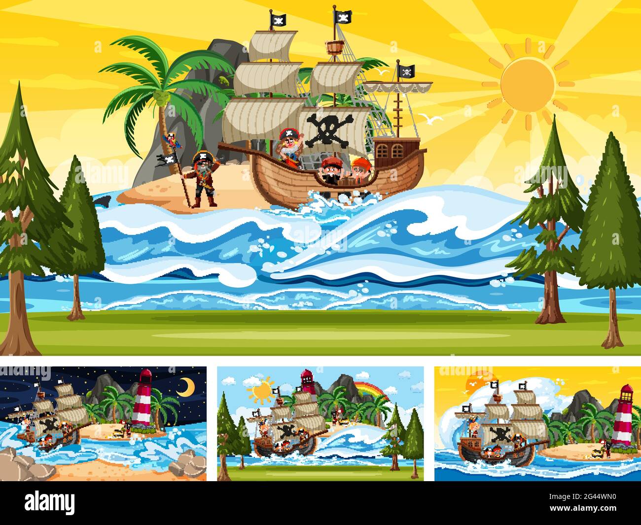Set of different beach scenes with pirate ship and pirate cartoon ...