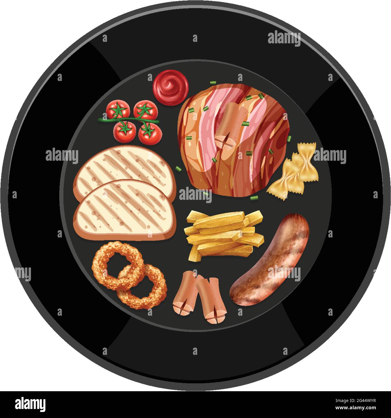 Brunch or breakfast set in a dish in cartoon style on the table ...