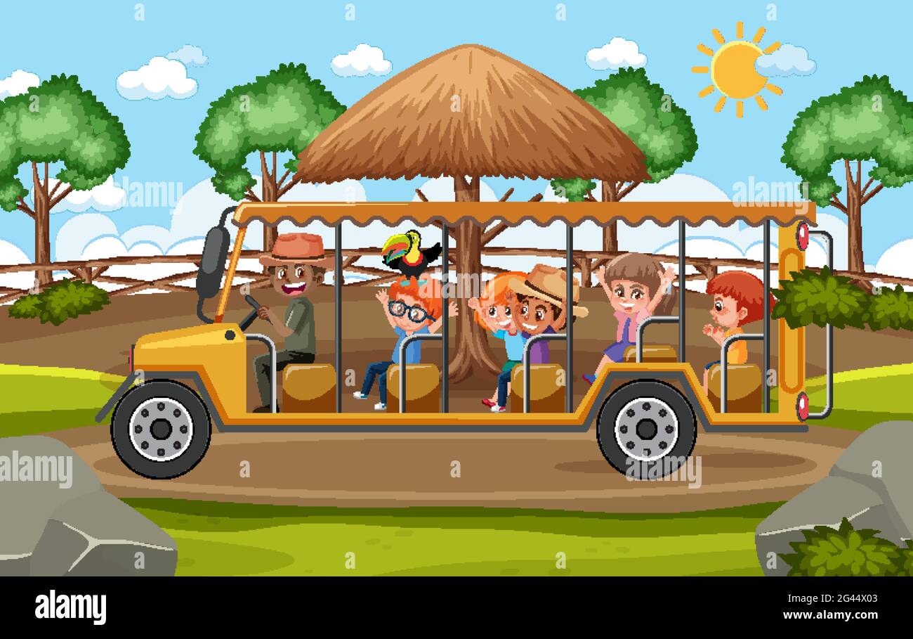 Children on tourist car explore in the zoo scene illustration Stock ...