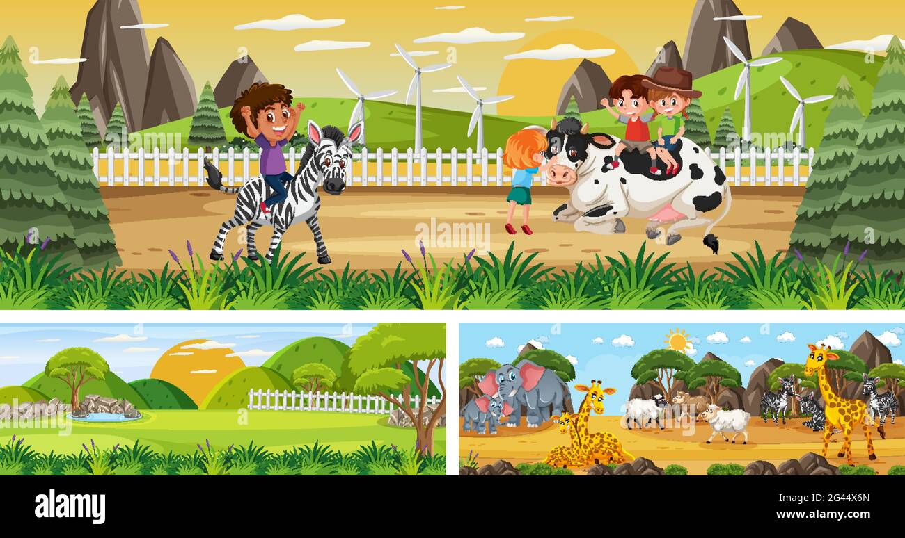 Set of different outdoor panoramic landscape scenes with cartoon ...