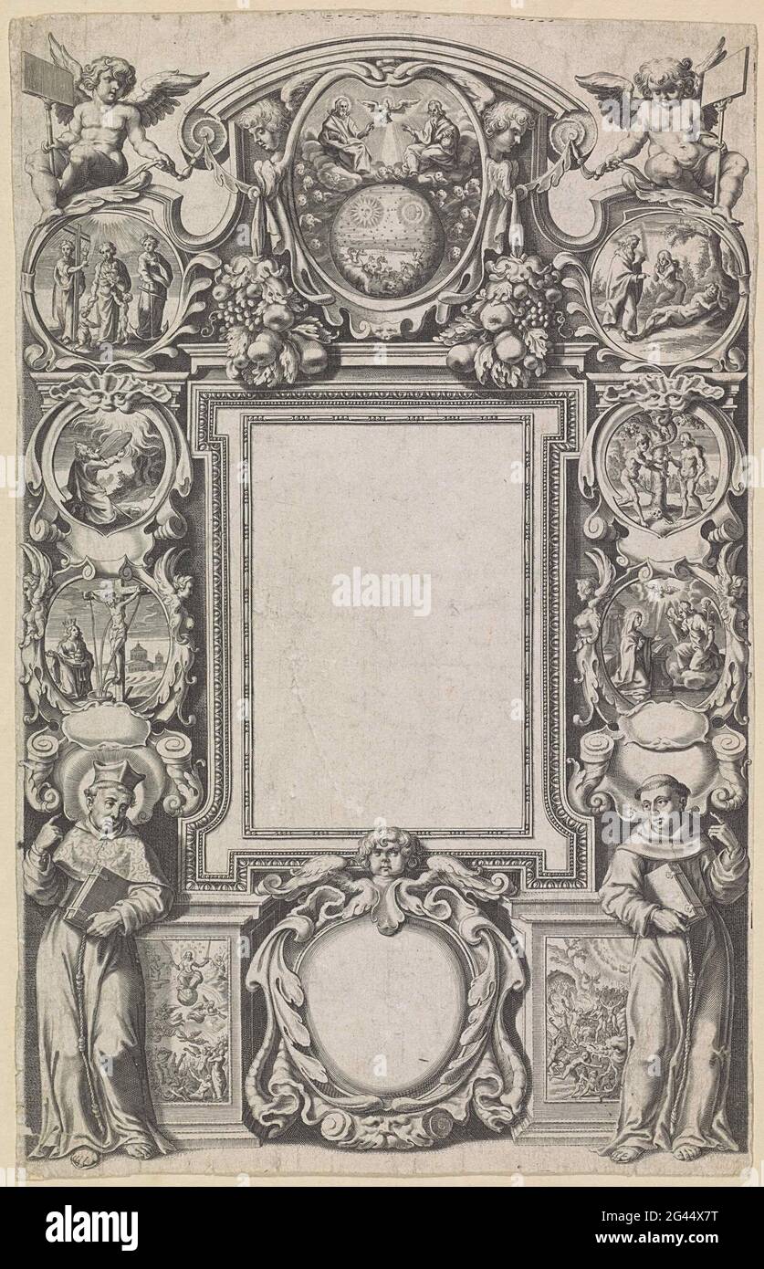 Title page with two clergymen and biblical performances. A frame with ...