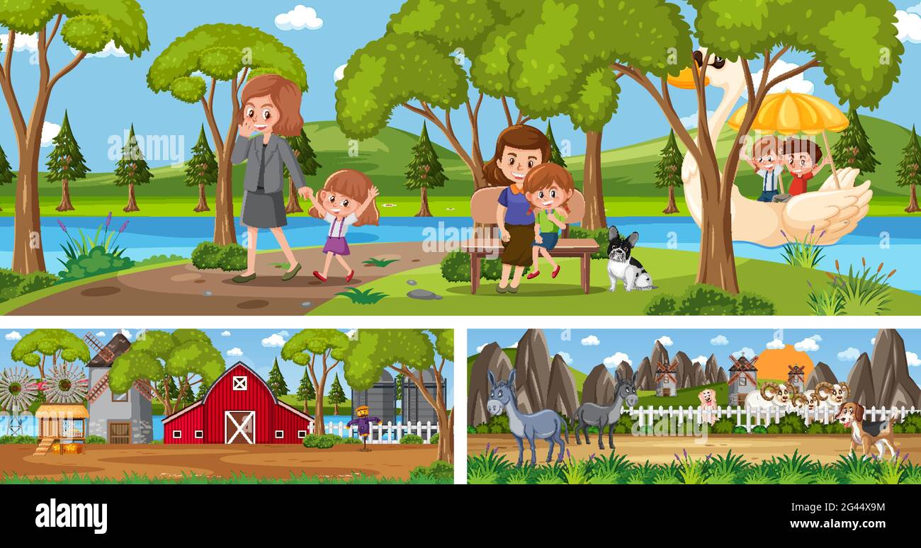 Outdoor panoramic landscape scenes set with cartoon character ...