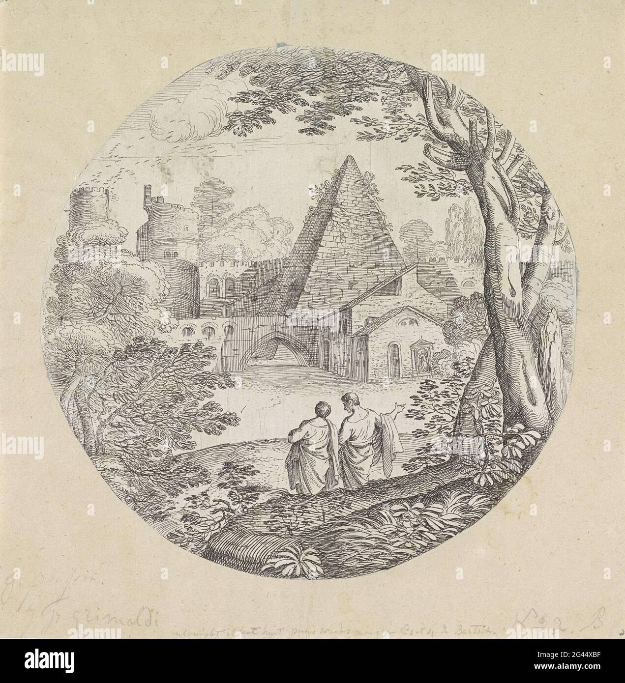 Landscape with pyramid. Two men, seen on the back, overlook a ...