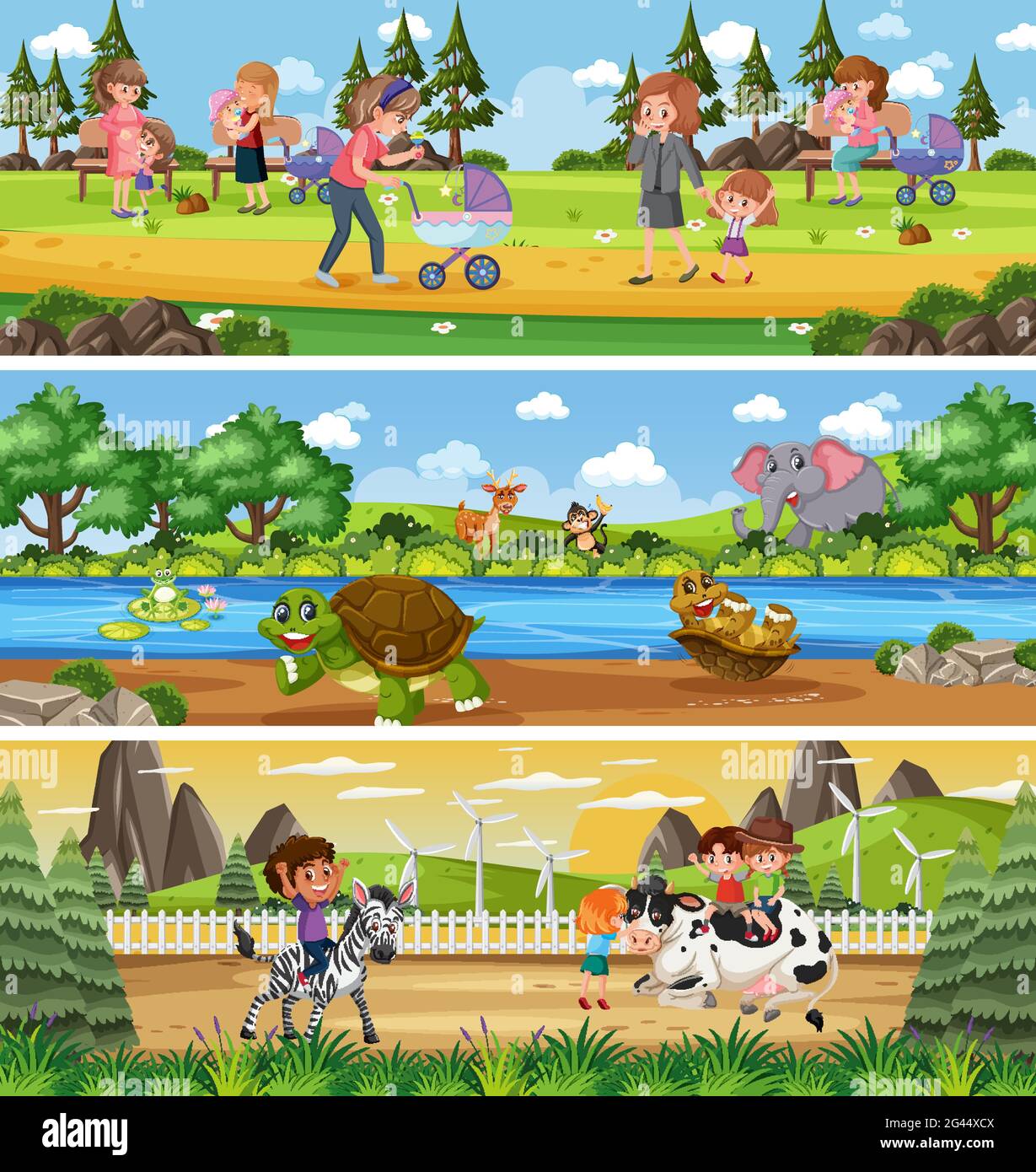 Different nature landscape at daytime scene with cartoon character ...
