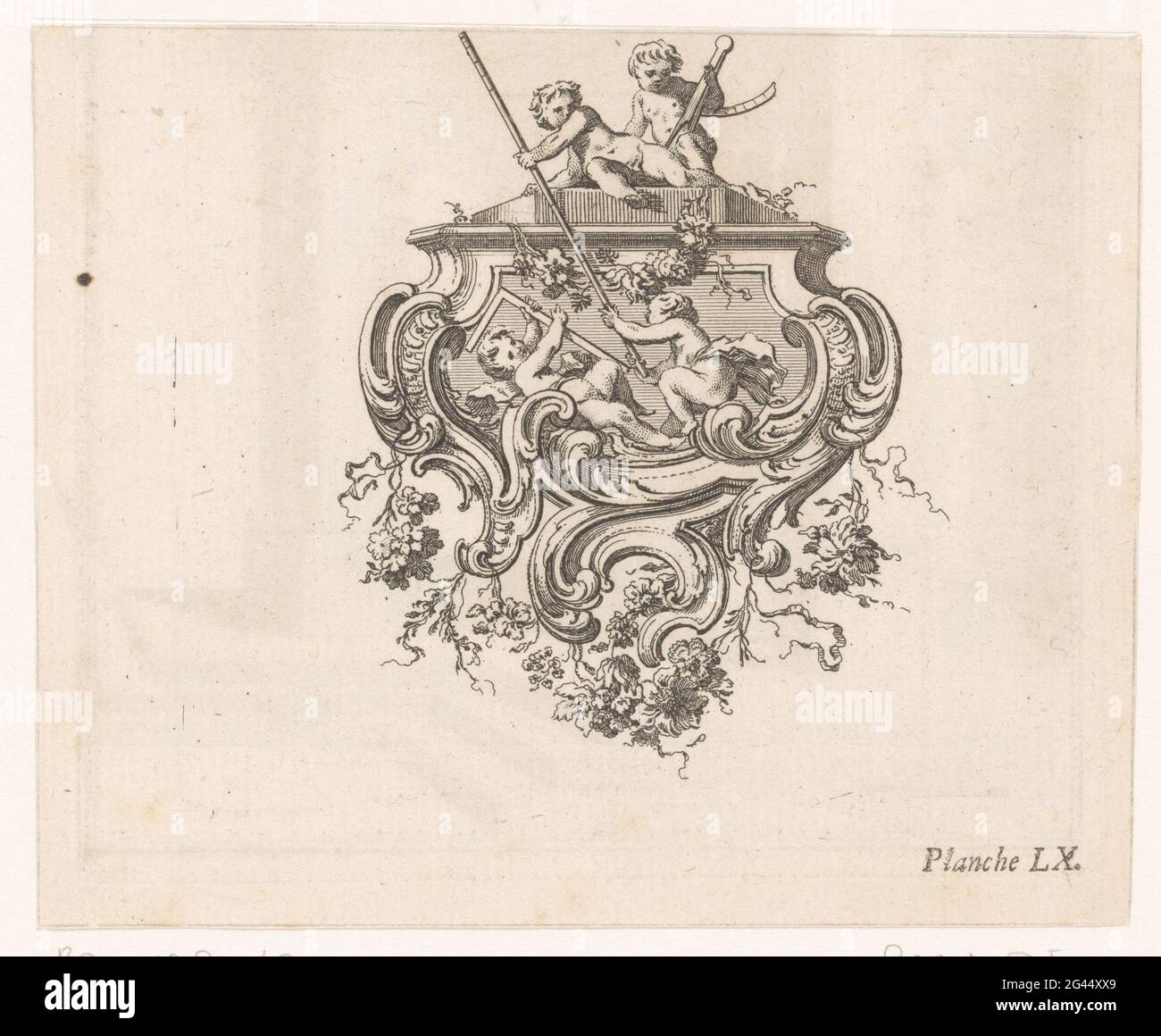Vignet with four putti in a cartouche. Four putti sit with various ...