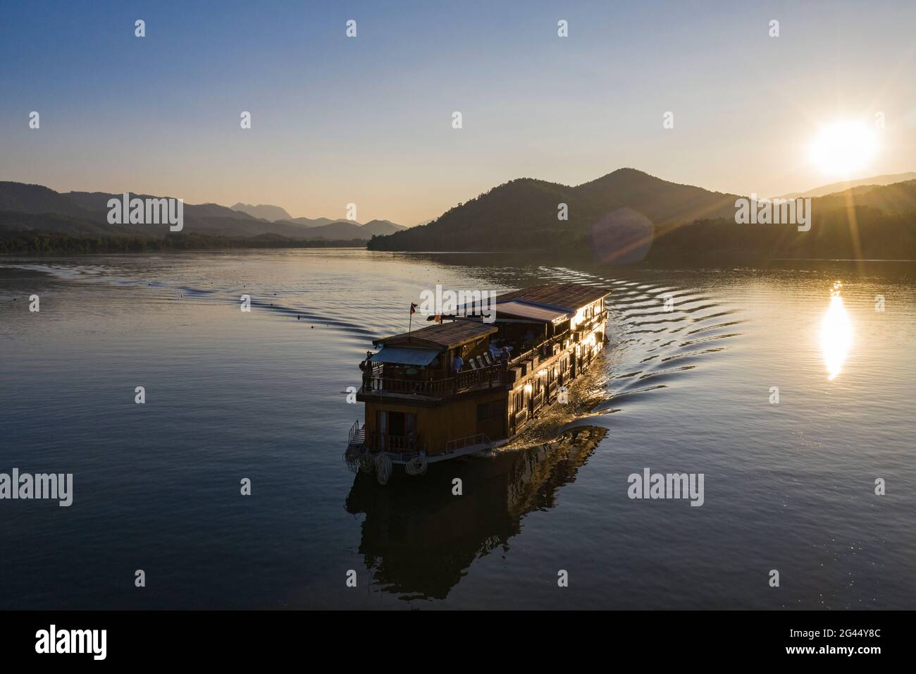 Aerial view of river cruise ship Mekong Sun on river Mekong with ...