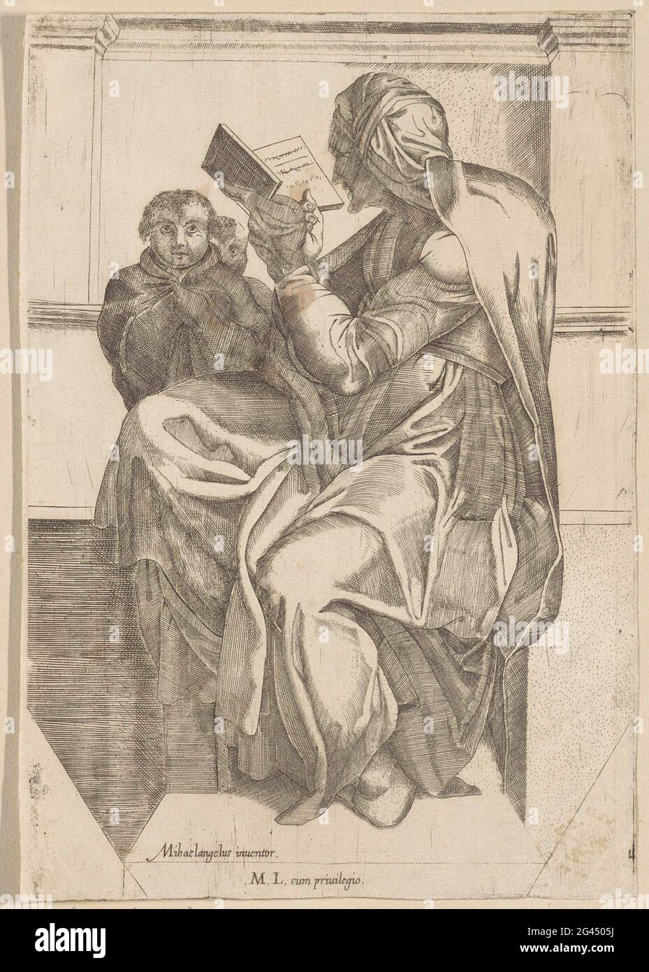 The Persian Sibille. The Persian Sibille with a book and two boys Stock ...