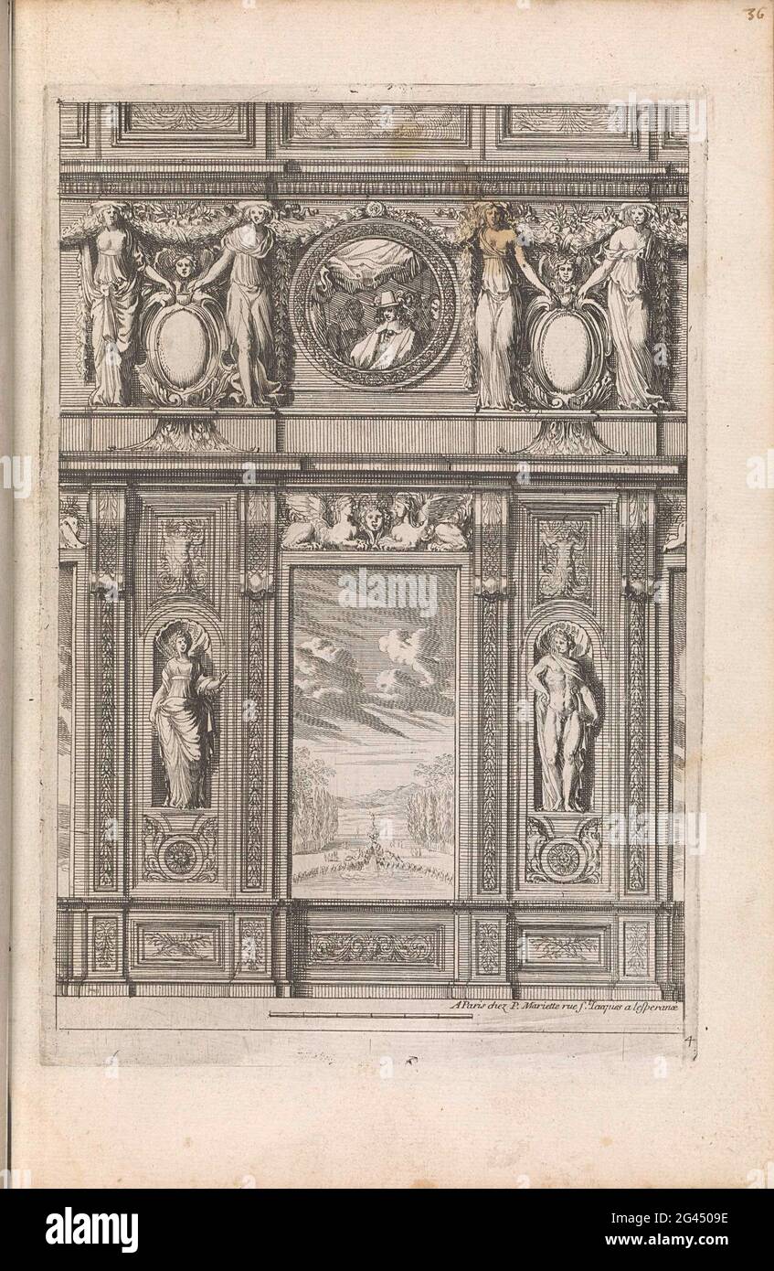 Wall paneling with two statues in niches; Dessseins de Lambris à l ...
