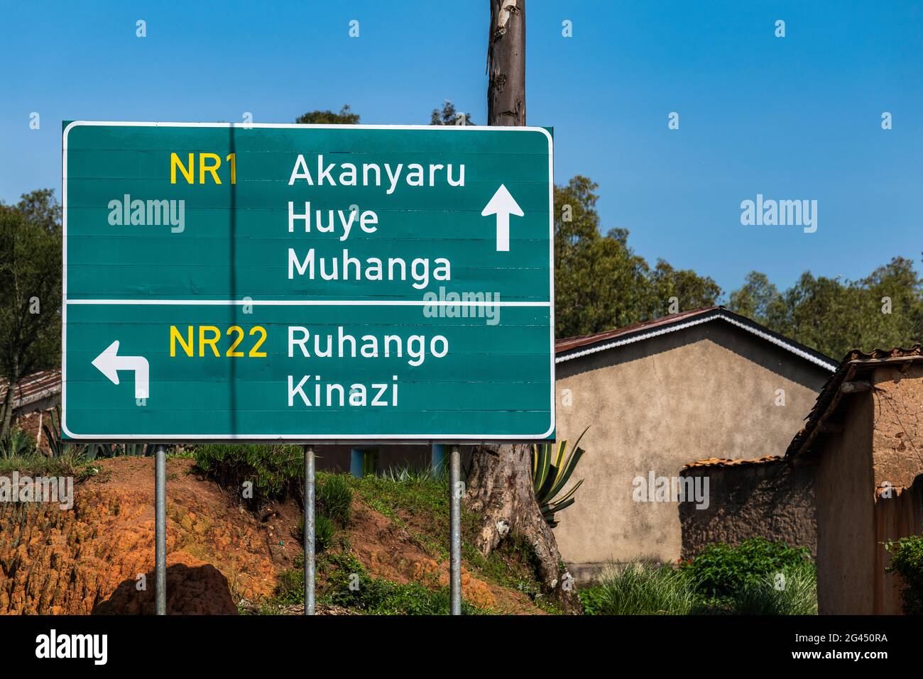 Signpost road sign, Nyamabuye, Southern Province, Rwanda, Africa Stock ...