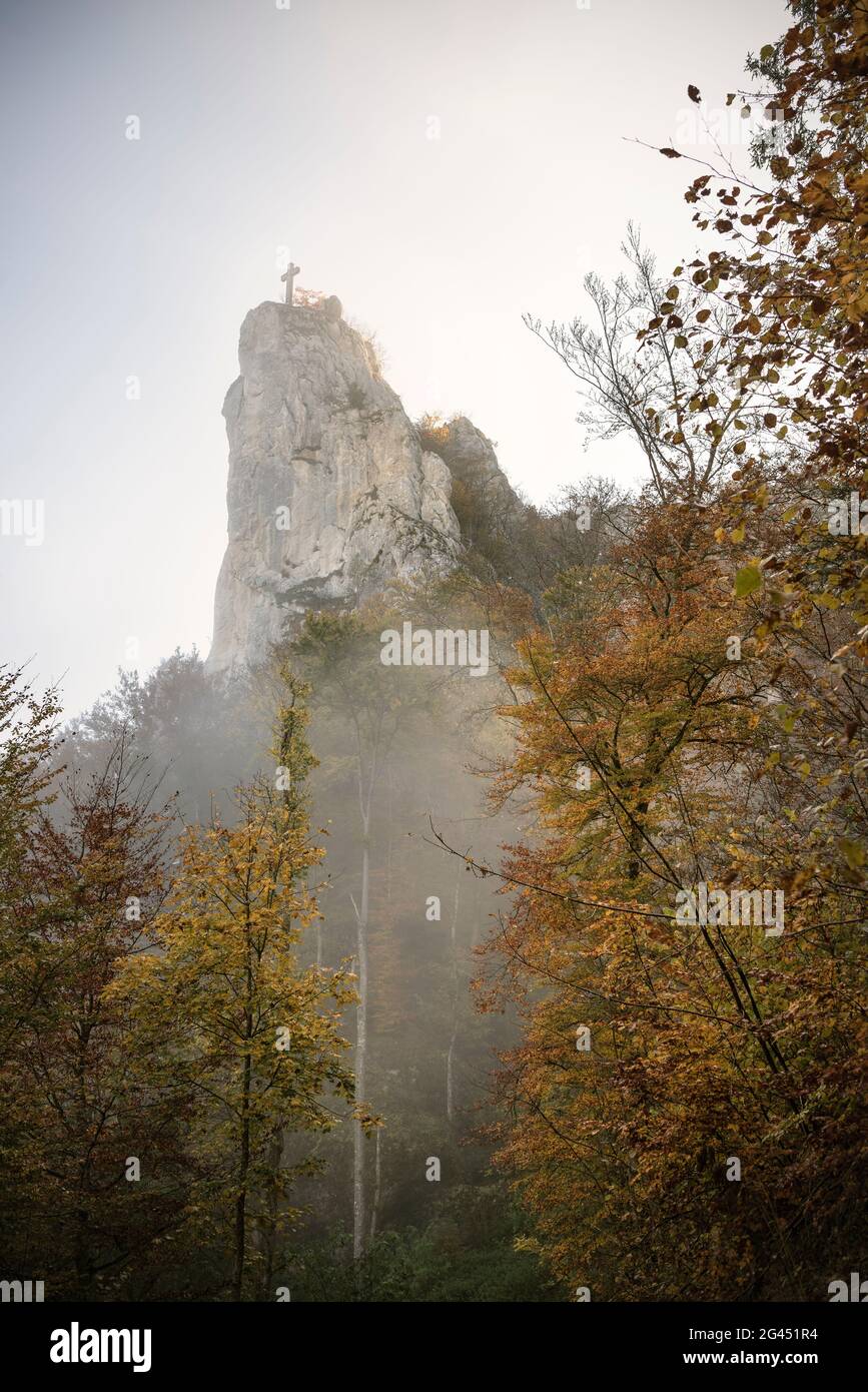 distinctive pointed rock above Beuron in the Sea of Fog, Upper Danube ...