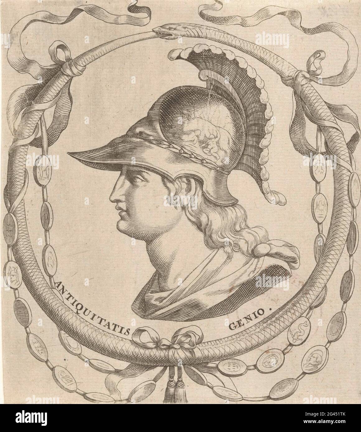 Men's head with helmet decorated, with romulus and remus; Antiquatatis ...