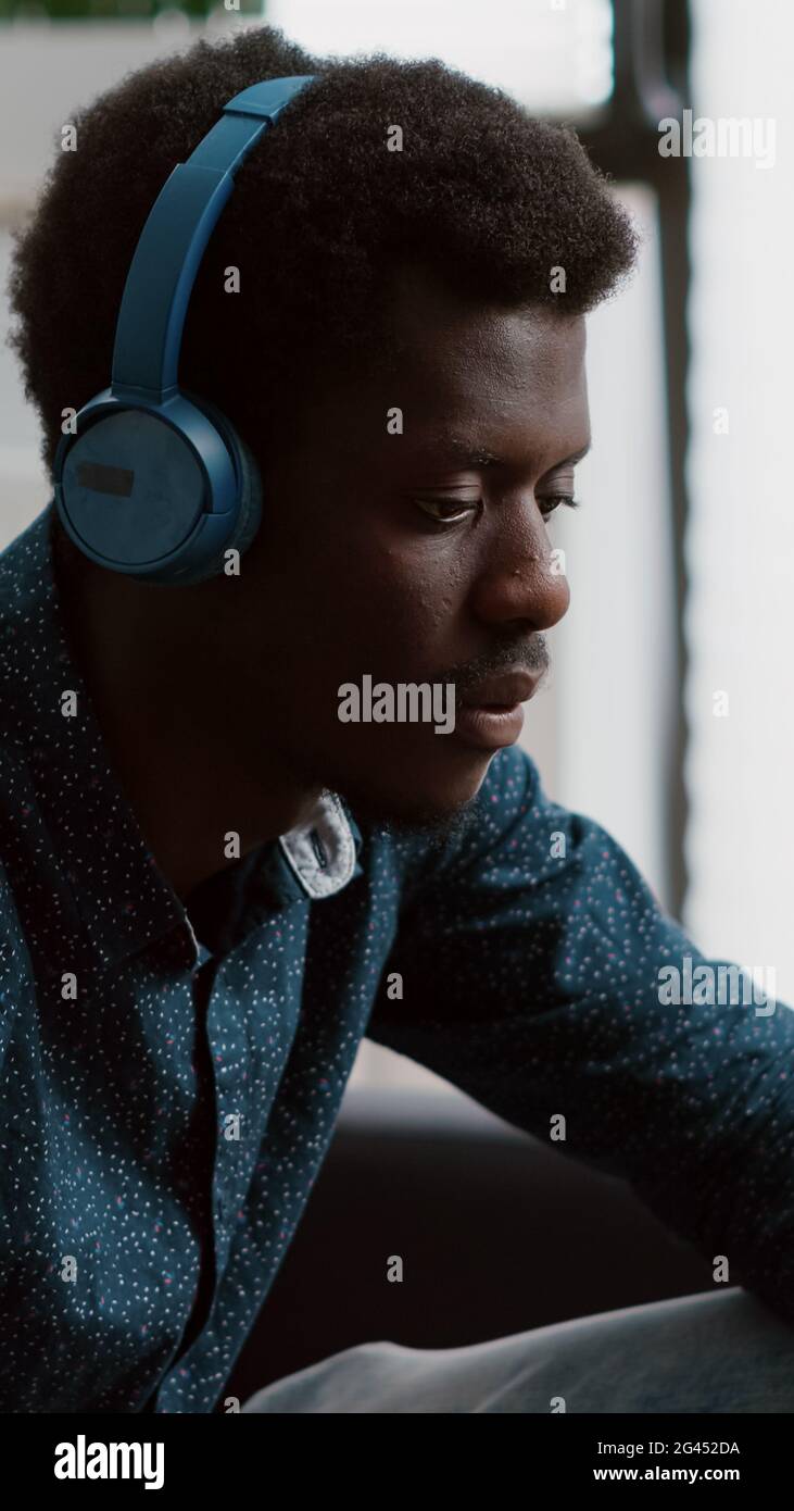 Close up black man hands browsing using laptop computer, searching ...