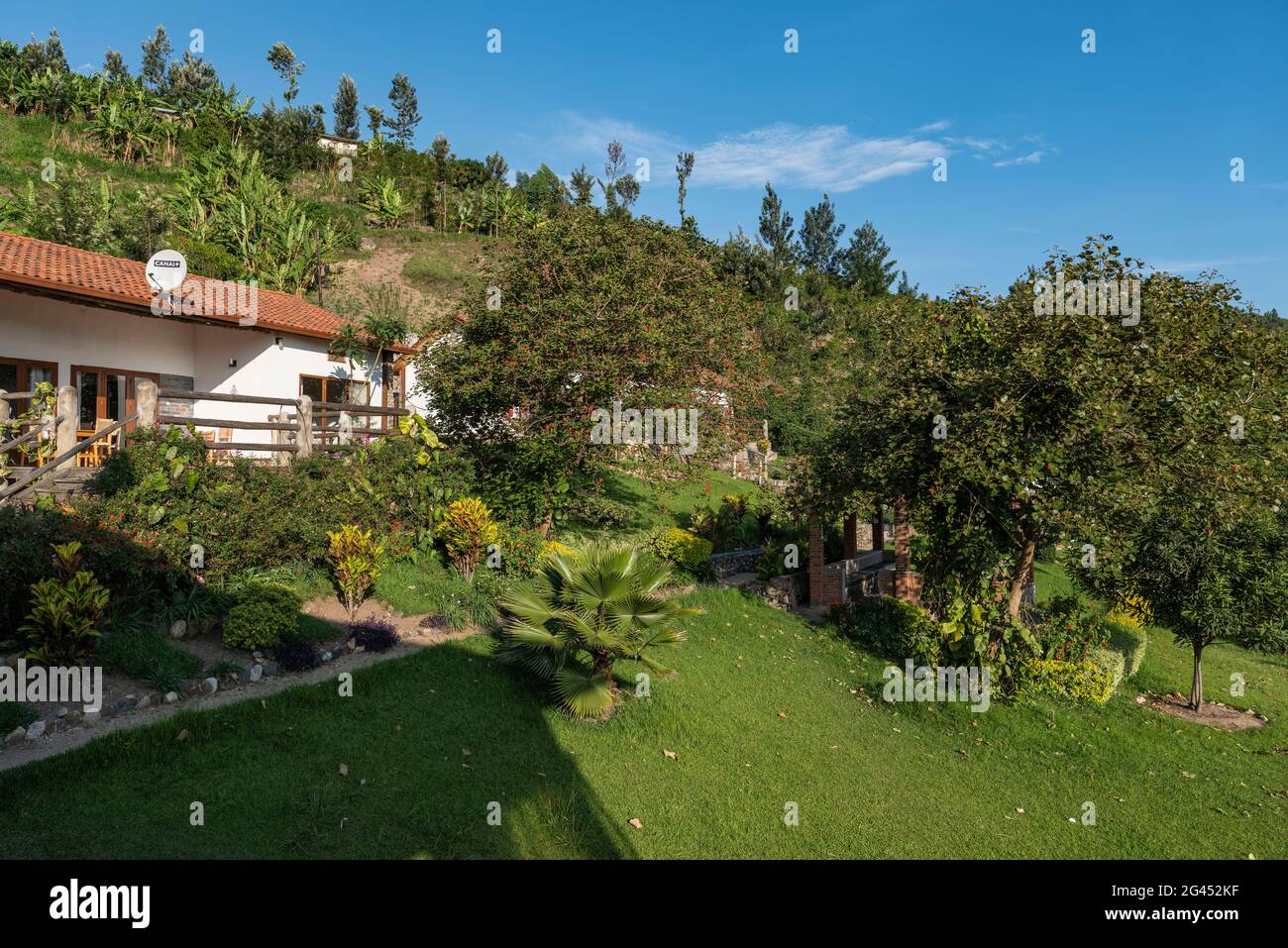 Gardens and rooms of the Rushel Lodge on the banks of Lake Kivu, Kinunu ...