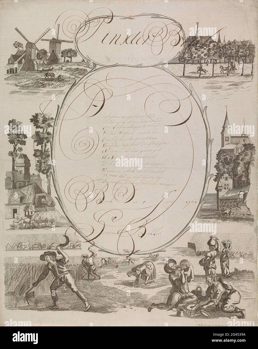 Greeting letter with mill, rider, carriage and farmers. Greeting letter ...