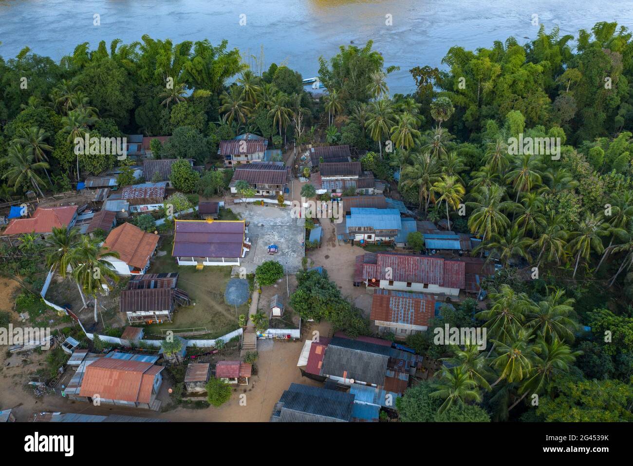 Aerial view of the village of Ban Muang Keo on the Mekong River, Ban ...