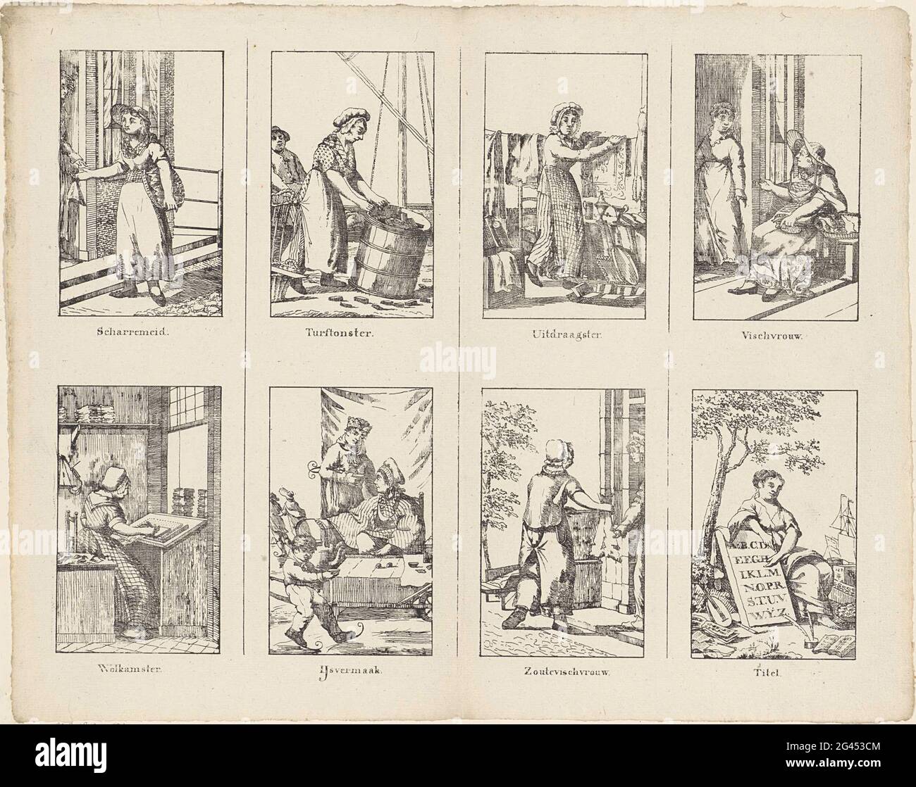 Professions alphabet. Leaf with 8 representations of the letters of the ...