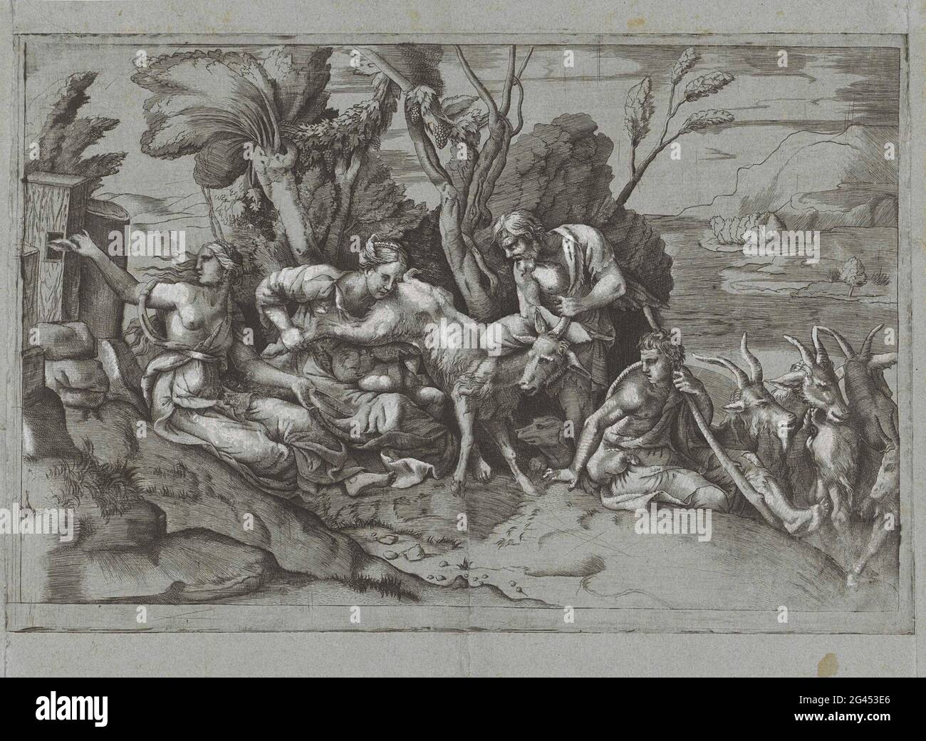 Jupiter succeeded by the goat Amalthea. A shepherd and a nymph hold the ...