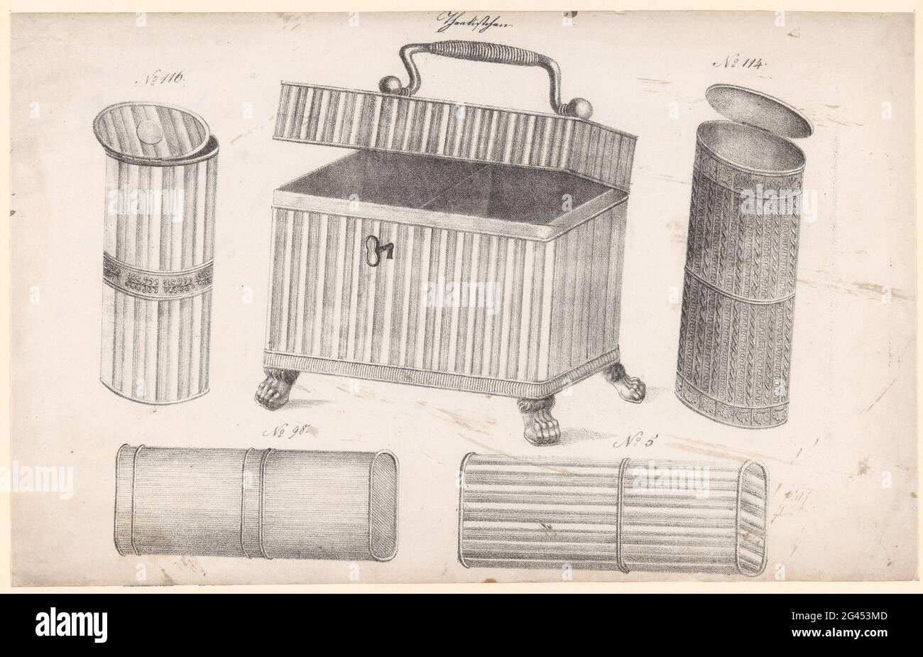 Coffin and buses; Empire objects. Designs for a coffin with handle and ...
