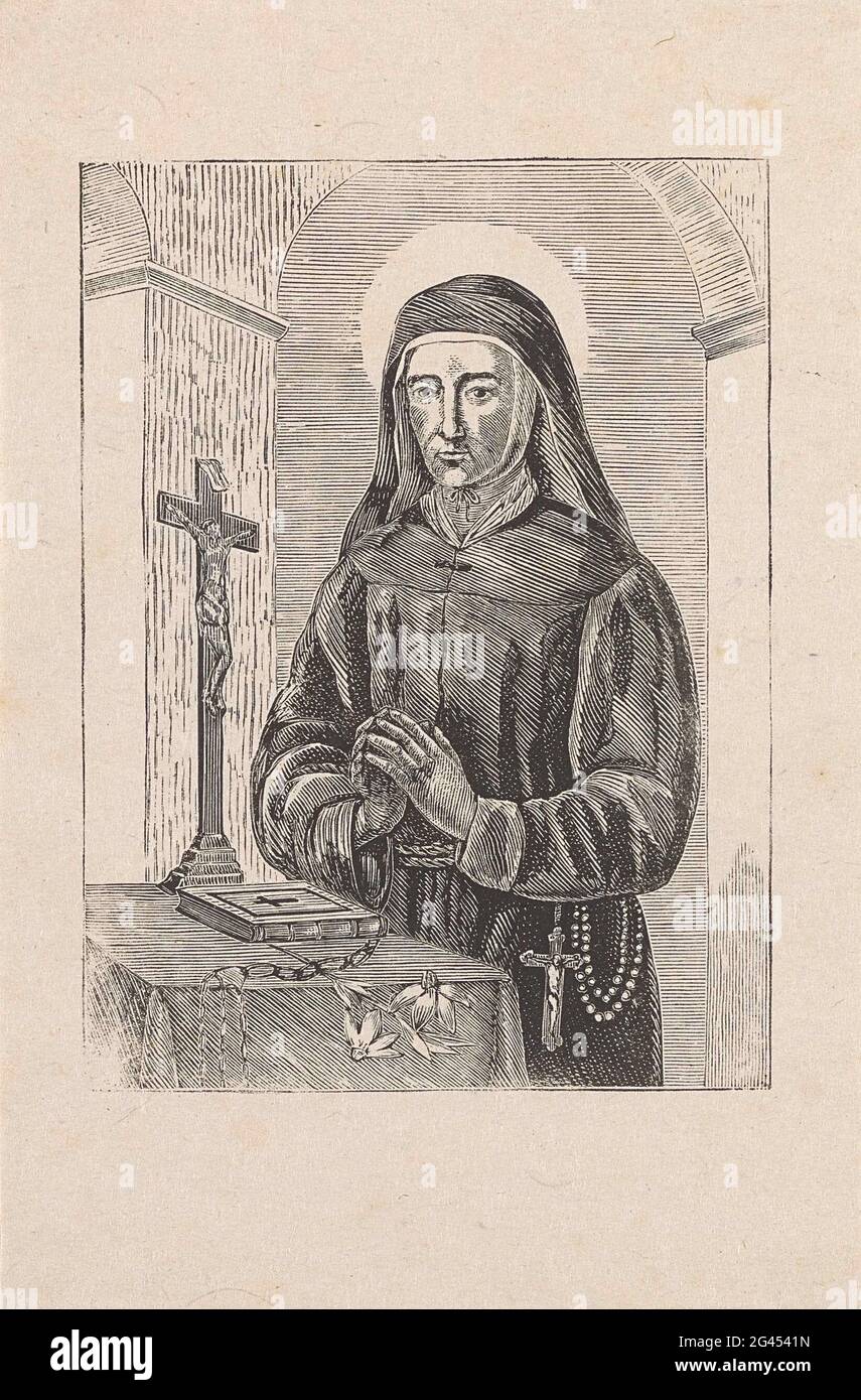Saint with a crucifix, a Bible and a flower Stock Photo - Alamy