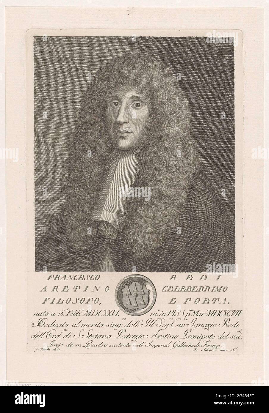 Portrait of Francesco Redi; Portraits of famous Italians with coat of ...