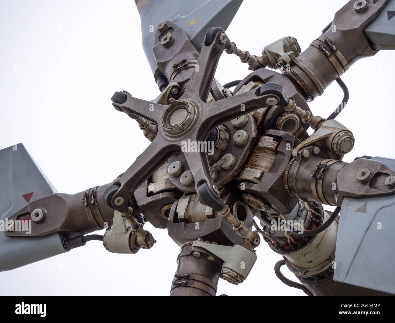 The mechanism of screws military helicopter on the background of blue ...
