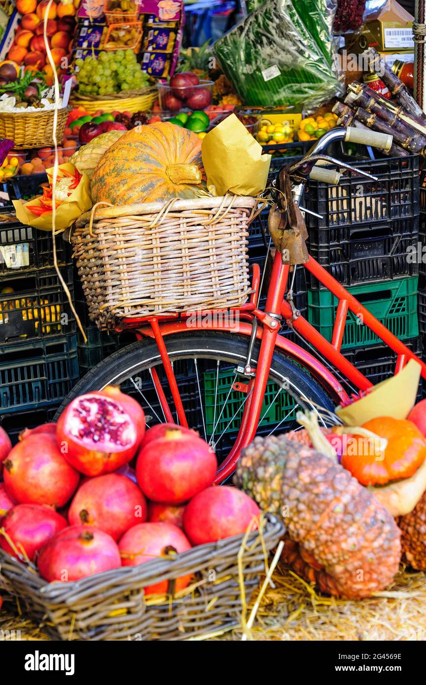 A classic fruit and vegetable display at a market stall using a vintage ...