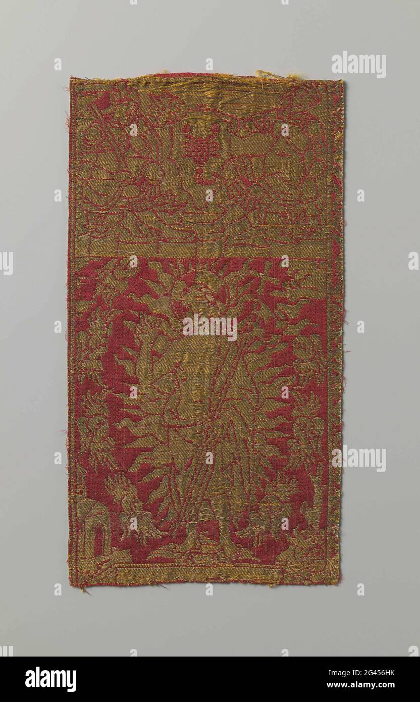 Decorative border of liturgical robe. Fragment of red silk with ...