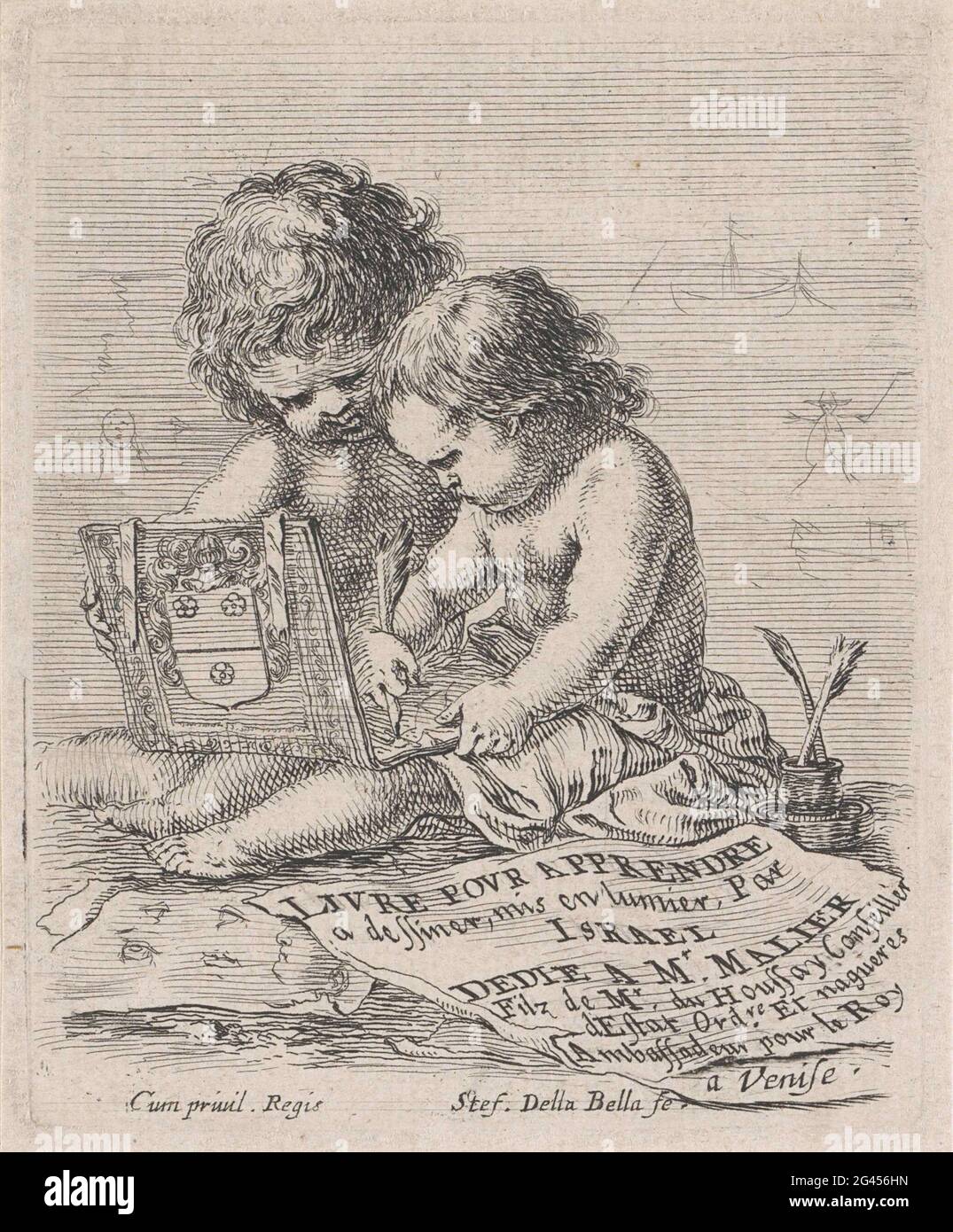 Title print with two little boys drawing in a sketchbook; Drawing ...