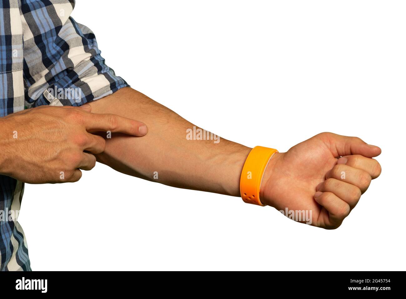 Man pointing to his arm Stock Photo - Alamy