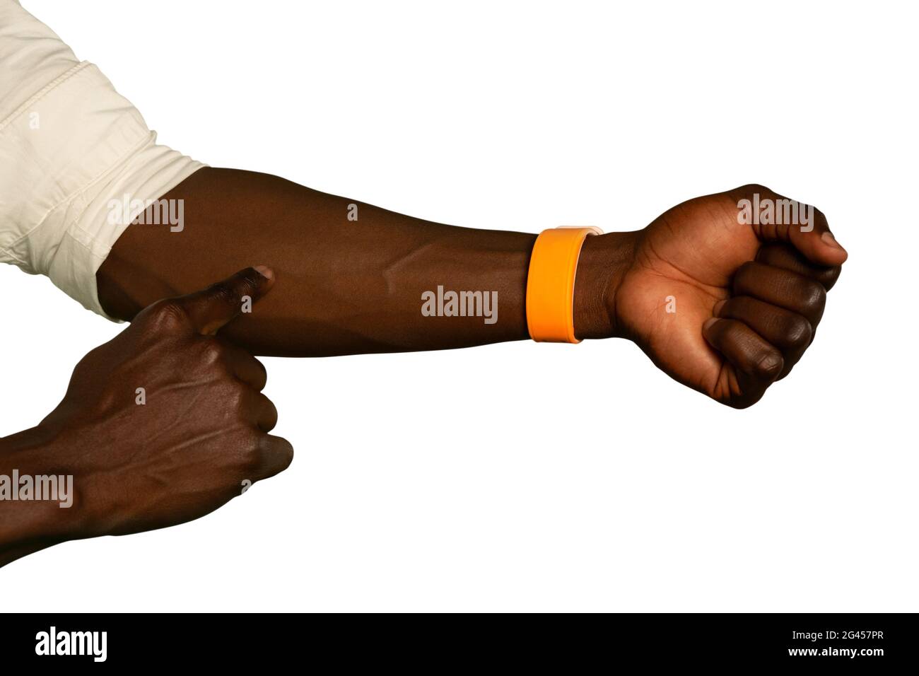Man pointing to his arm Stock Photo - Alamy