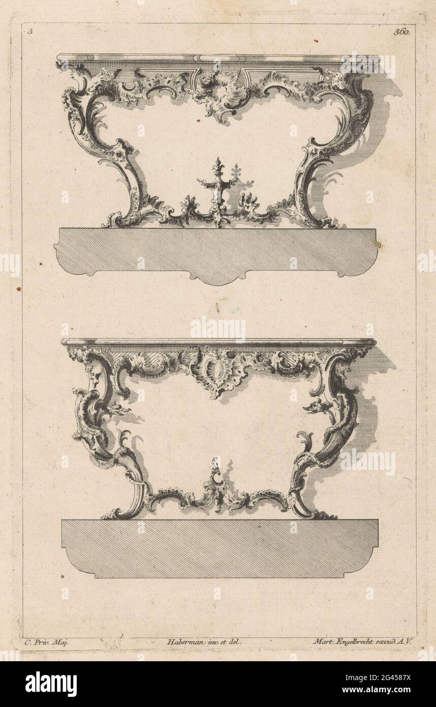 Wall tables. Front and top view of two wall tables with fantasy animals ...