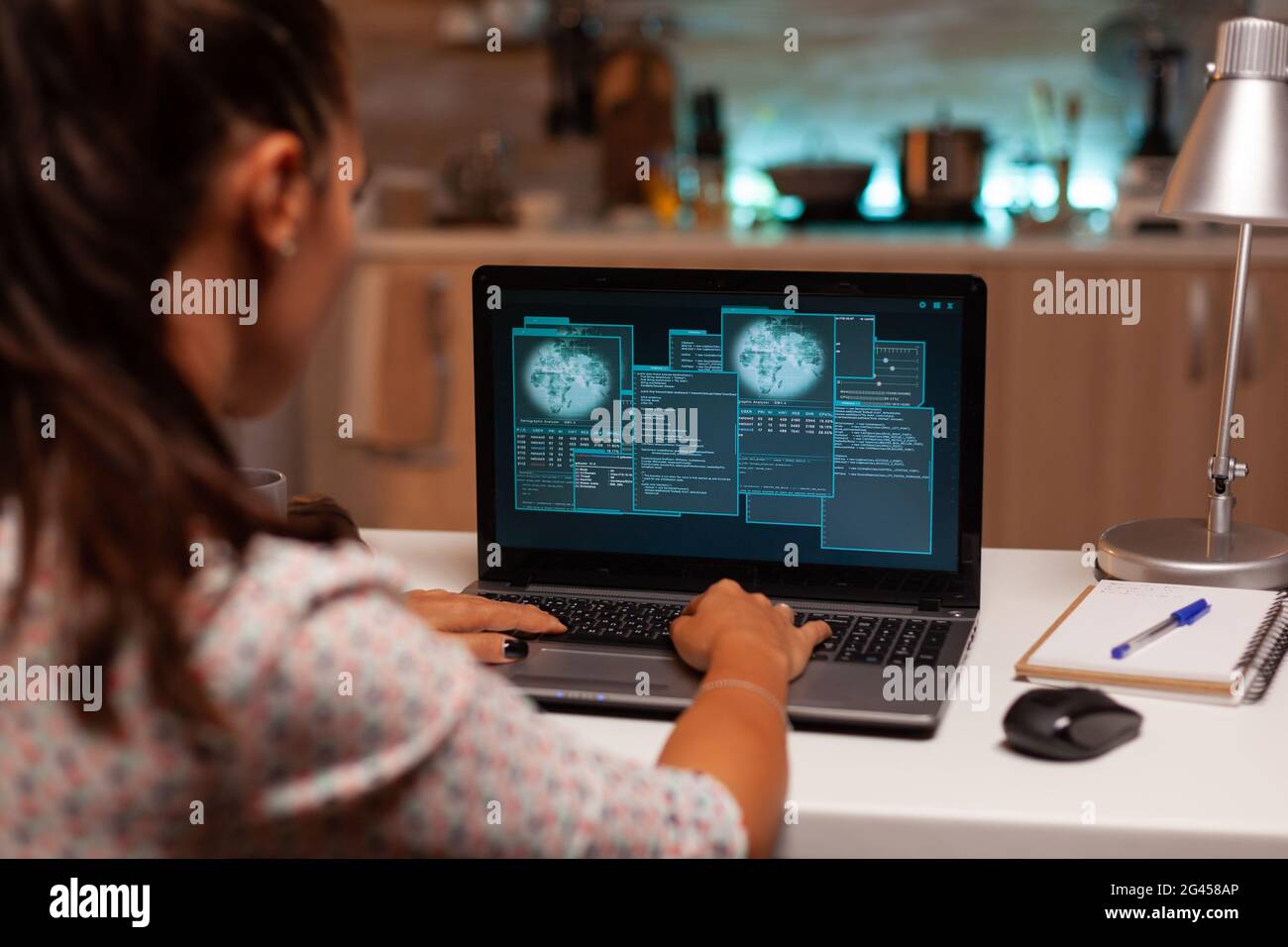 Female Hacer Cracking Security Firewall Late At Night From Home Programmer Writing A Dangerous