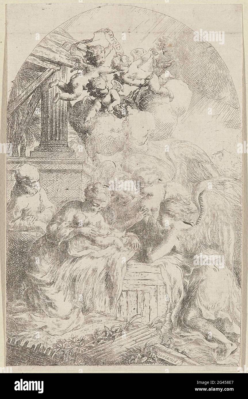 Christ child worshiped by three angels. Maria shows the Christ child to ...