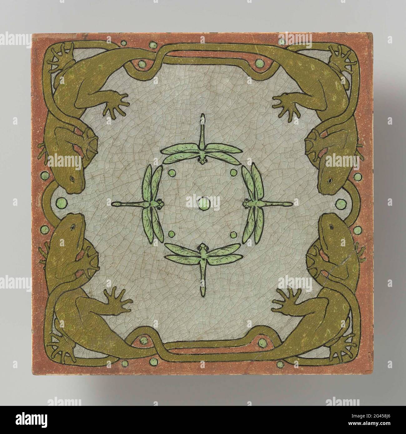 Tile painted with four green lizards. Tile of pottery, painted with ...