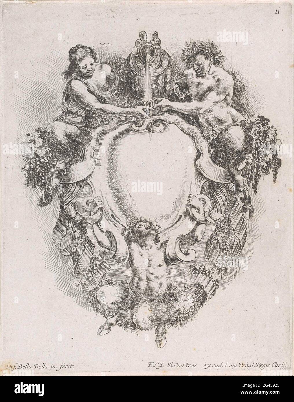 Cartouche with two male and a female sater and a jug with wine ...