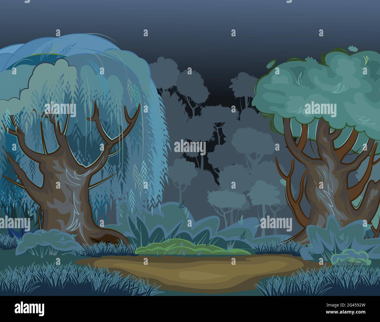 Forest glade at night. Dark trees. Playground. Edge with grass and ...