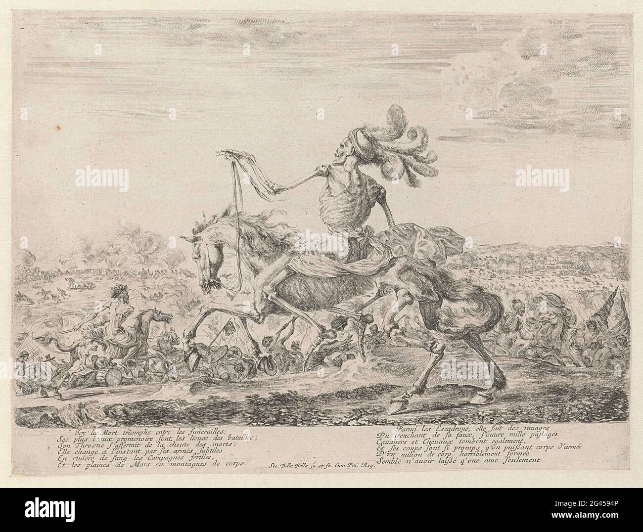 Death on the battlefield. Death as a skeleton with plume on the head ...