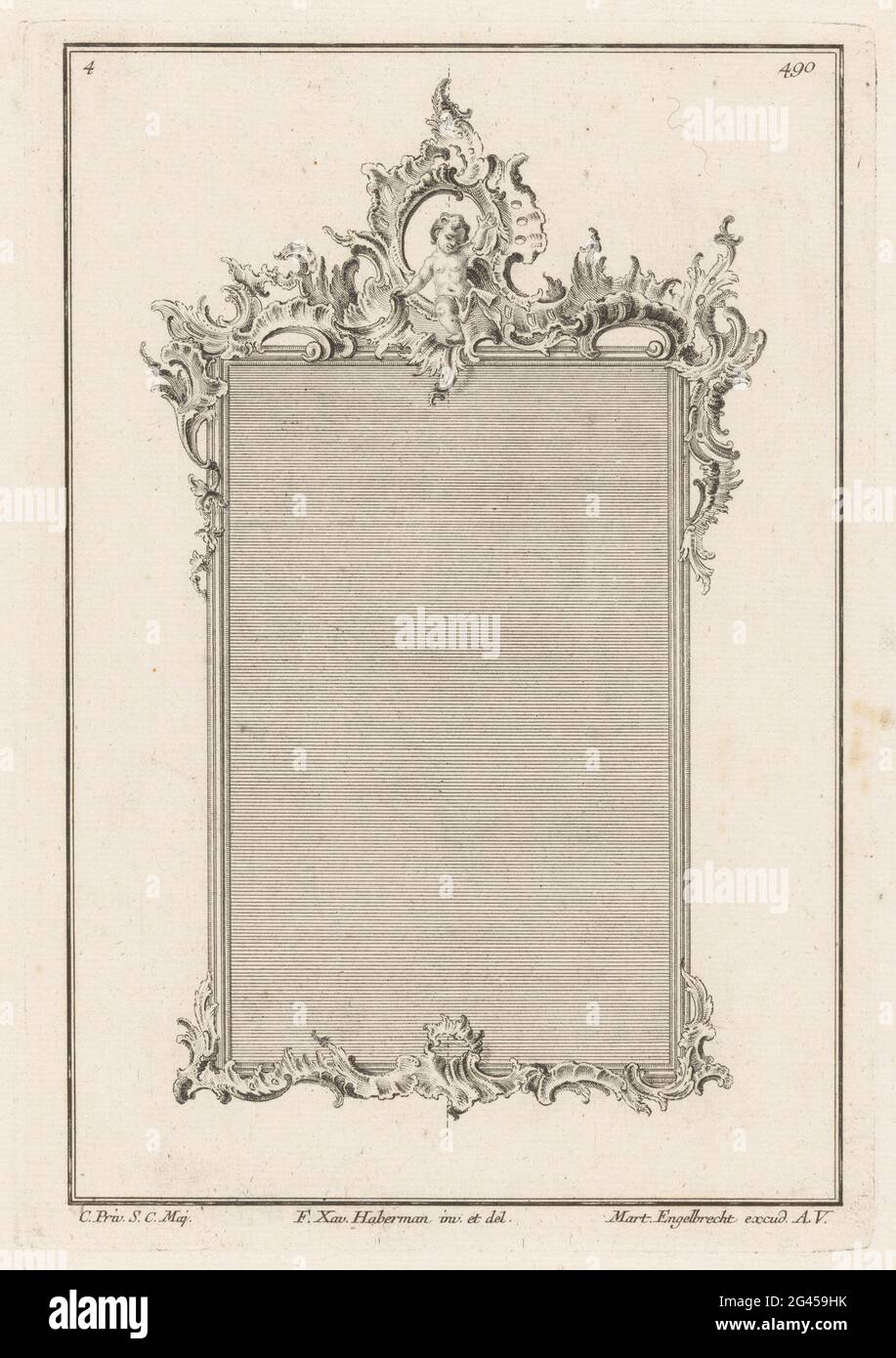 Mirror. Mirror list with rocaille ornaments and putto. Print number 490 ...